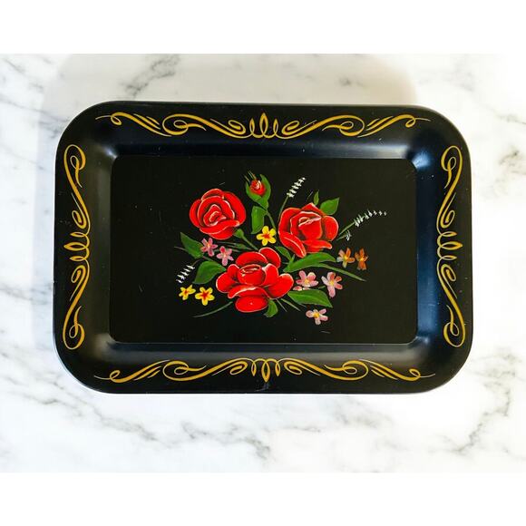 Unbranded | Accents | Vintage Black Gold Metal Red Rose Flower Floral ...